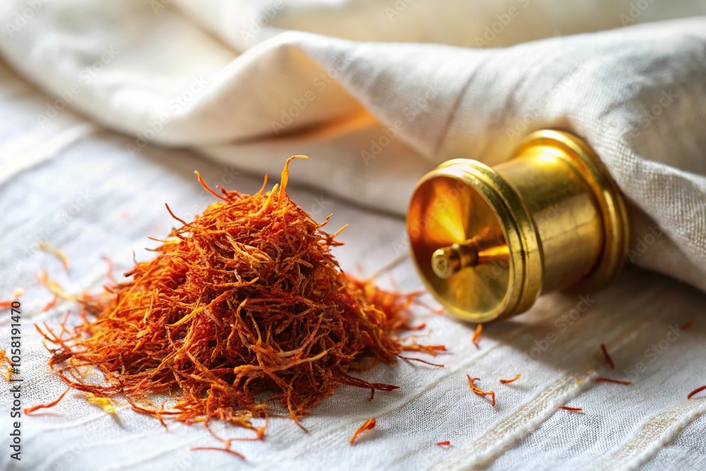Dripping saffron threads from a golden spice grinder onto a soft white ...