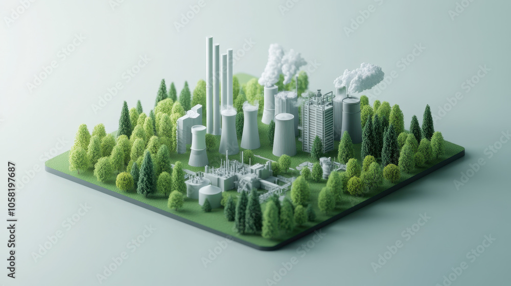 detailed 3D model diagram of power plant landscape surrounded by lush ...