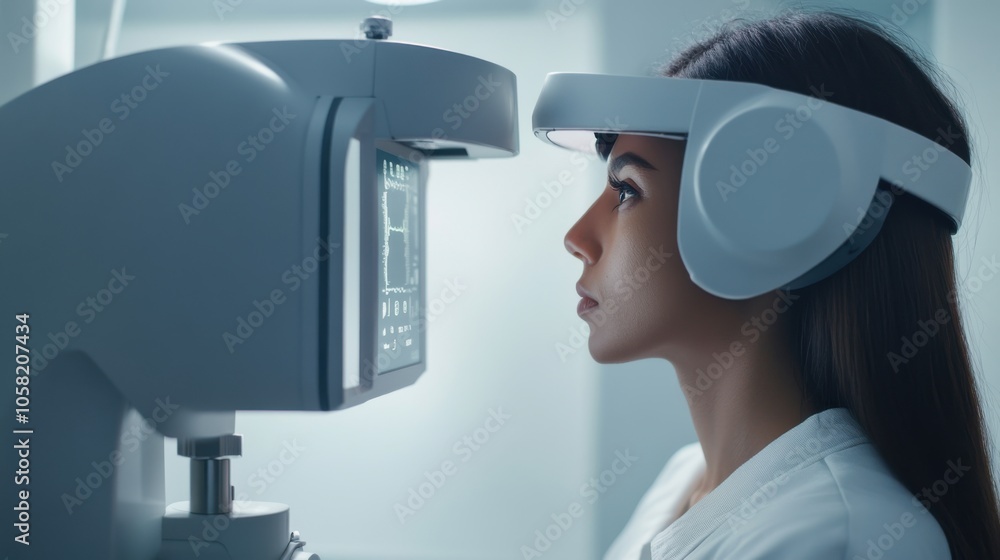 Poster A patient being tested with a computerized eye exam machine ...
