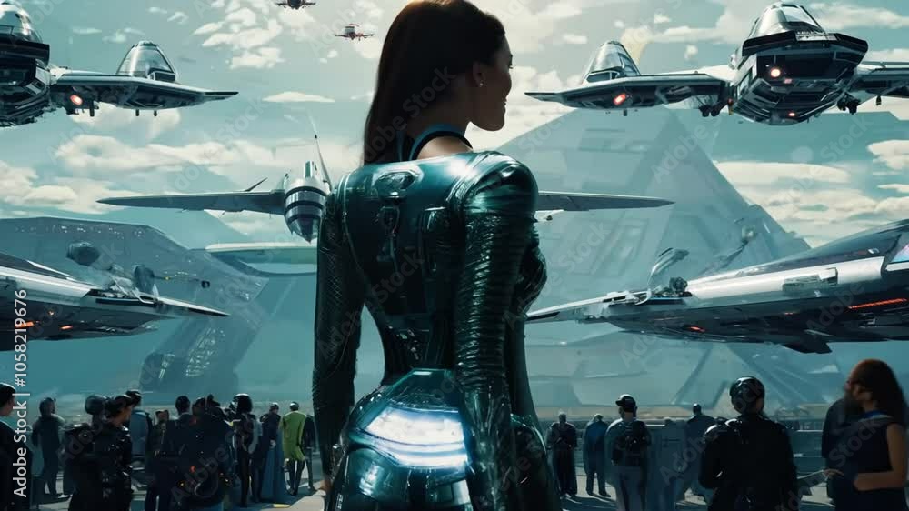 quality 4K spaceship platform From shot landing dressed futuristic ...