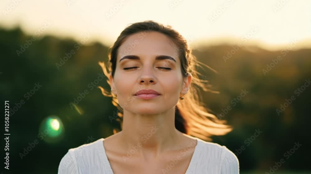 Caucasian outdoor breathing practicing exercises breath Portrait deep ...