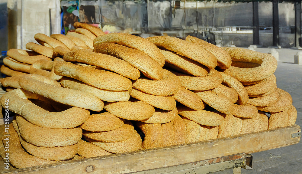 Typical arabian bread made with wheat flour and sesame being sold at ...