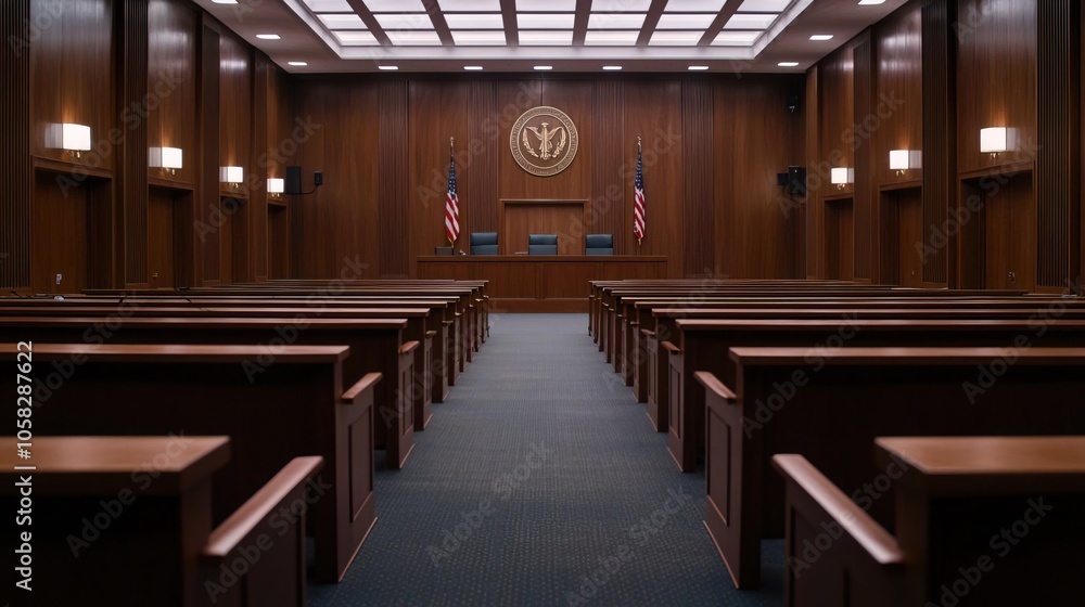 Empty courtroom with lights dimmed, symbolizing the orderly, serious ...