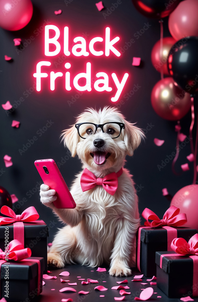 ภาพประกอบสต็อก white fluffy dog with black glasses and pink bow tie on ...