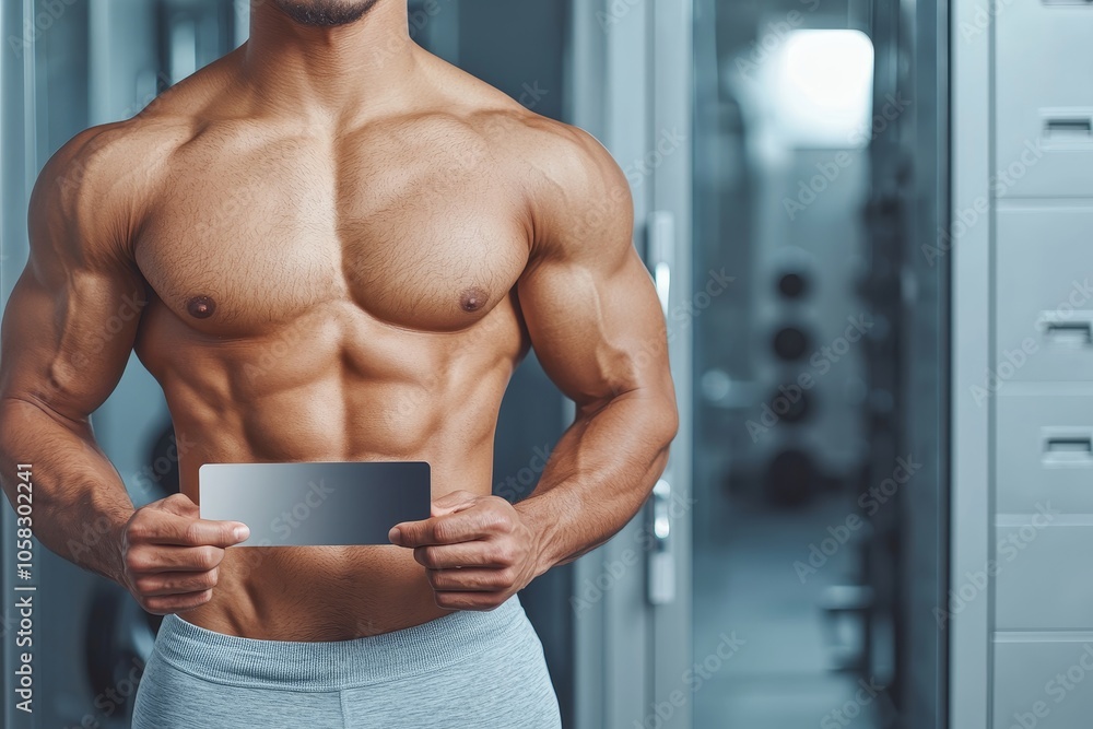 Ripped physique holding gym membership card; fitness, dedication, strength, motivation Stock ...