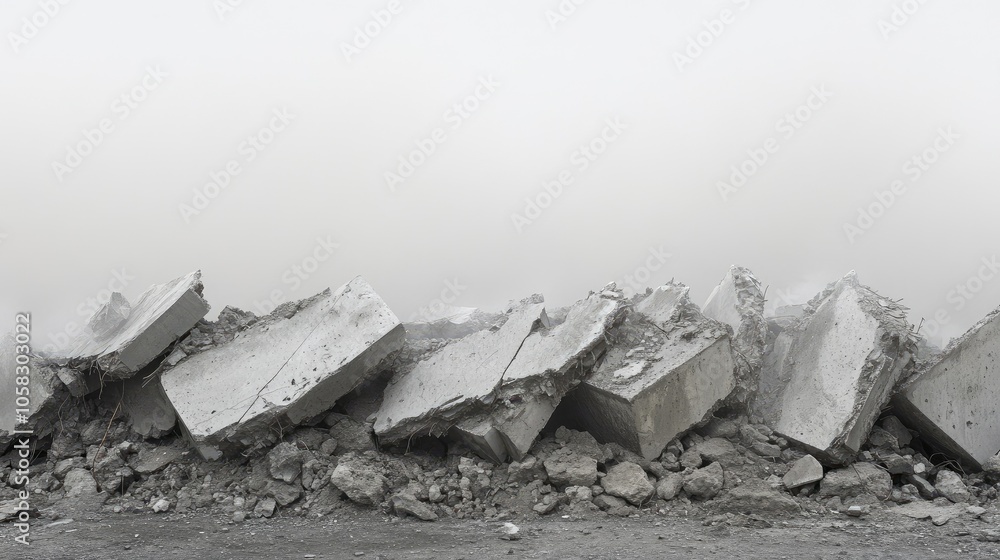 Line of broken cement pieces with chipped edges and visible dust ...