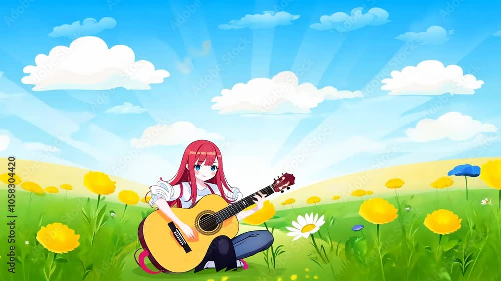 looping video playing girl background time-lapse 4k Anime guitar meadow ...