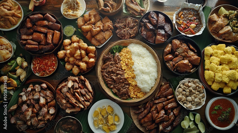 A colorful spread of traditional Filipino food dishes such as adobo ...