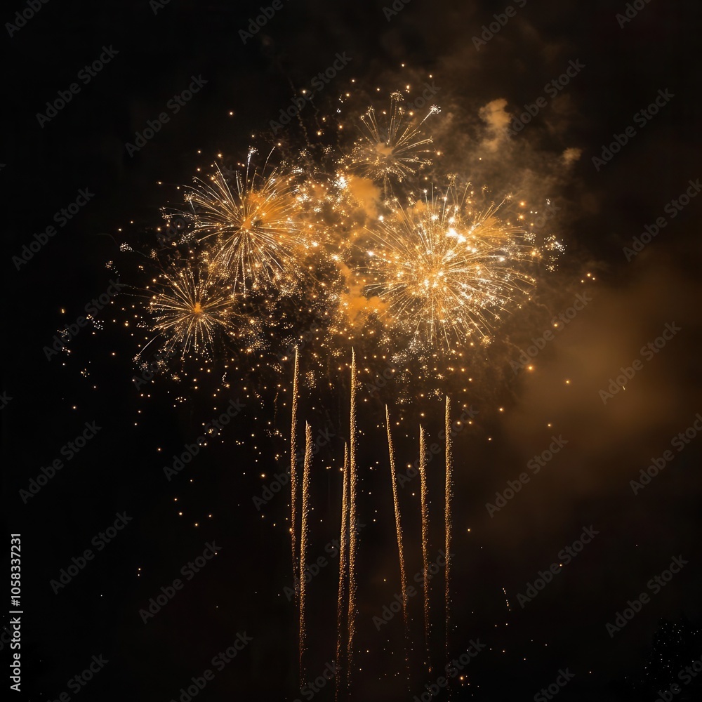 Golden fireworks bursting in the night sky, symbolizing grandeur and ...