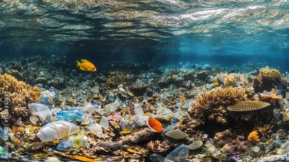 Coral reef choked with plastic waste, vibrant marine life struggling ...