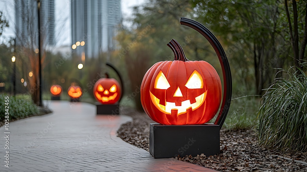 Spooky halloween pathway adorned with glowing jack-o'-lanterns in a serene urban setting Stock ...