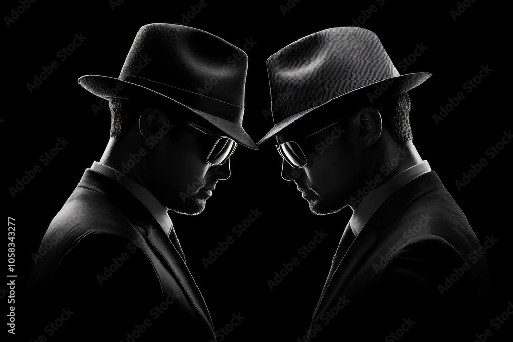 Silhouetted detective behind a one-way mirror observing a suspect, with ...