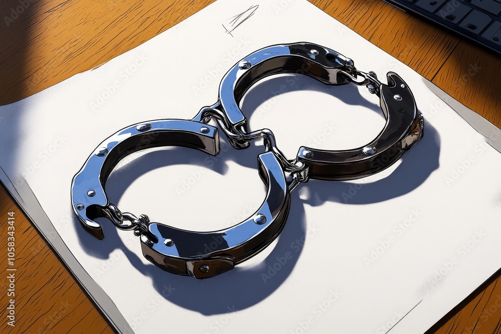 Simple 2D drawing of handcuffs on a table, capturing the restrained and ...