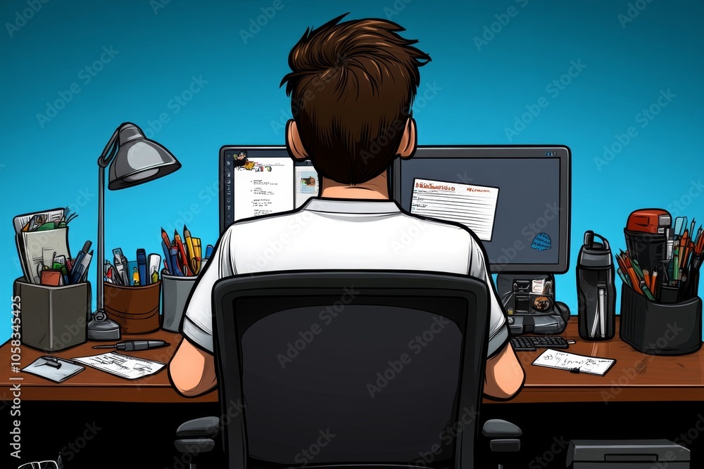 a 2D cartoon illustration of a student arranging their study materials ...