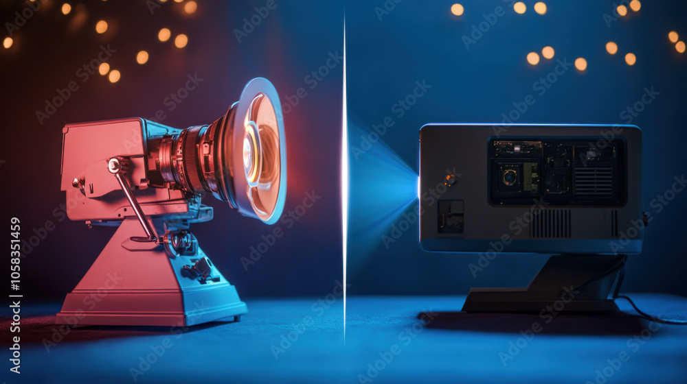 classic cinema projector contrasts with modern high definition digital ...