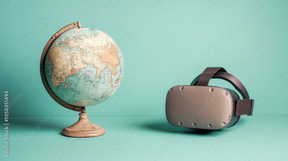 dusty globe and VR headset are displayed side by side on light blue ...