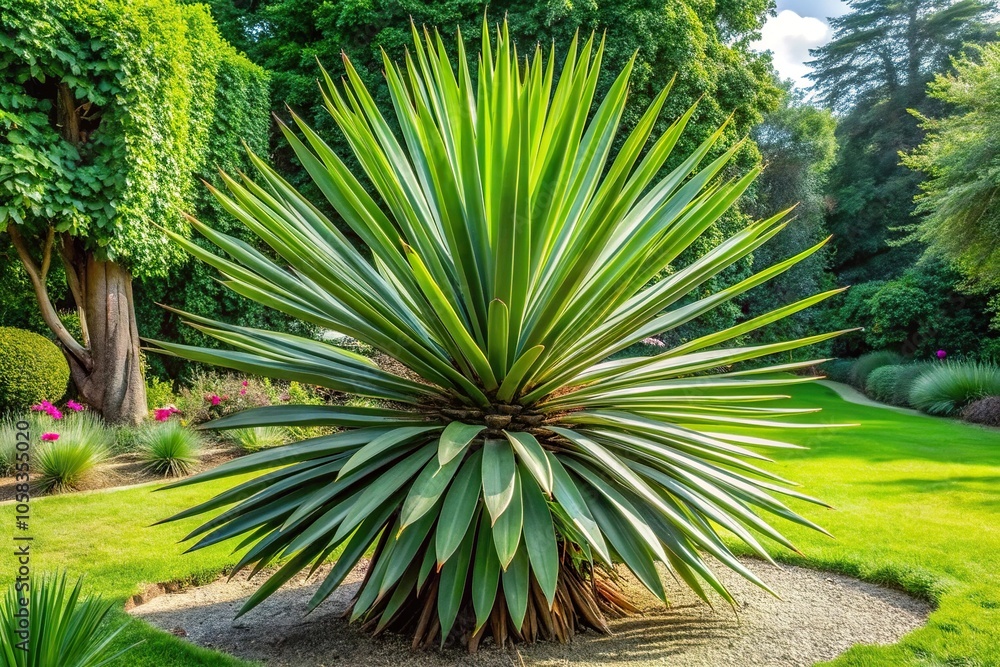 Large yucca plant with long, sword-shaped leaves in a garden setting ...
