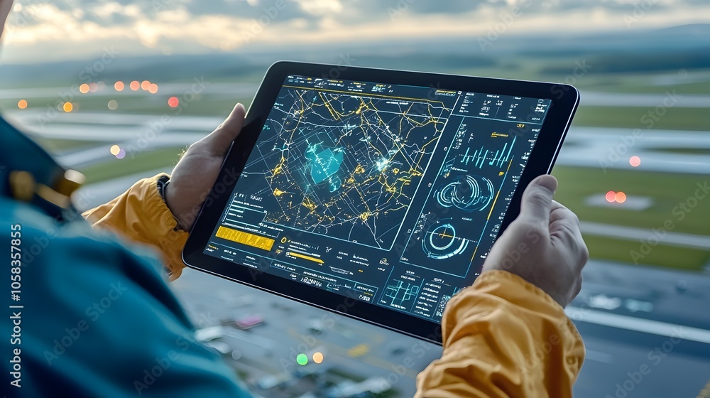 Close up of an aviation engineer holding a digital tablet displaying ...