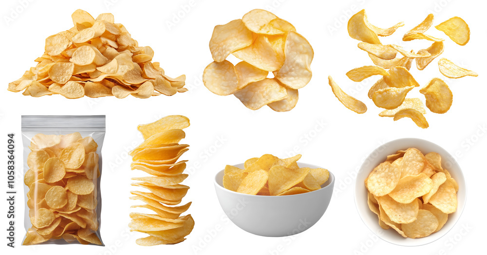 Potato chip chips, many angles and view side top front heap broken pile ...