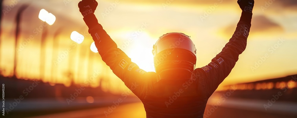 Silhouette of a racing driver with arms raised in victory, bright ...