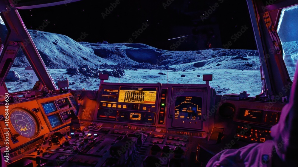 A cockpit view from a lunar rover, showing control panels and a barren ...