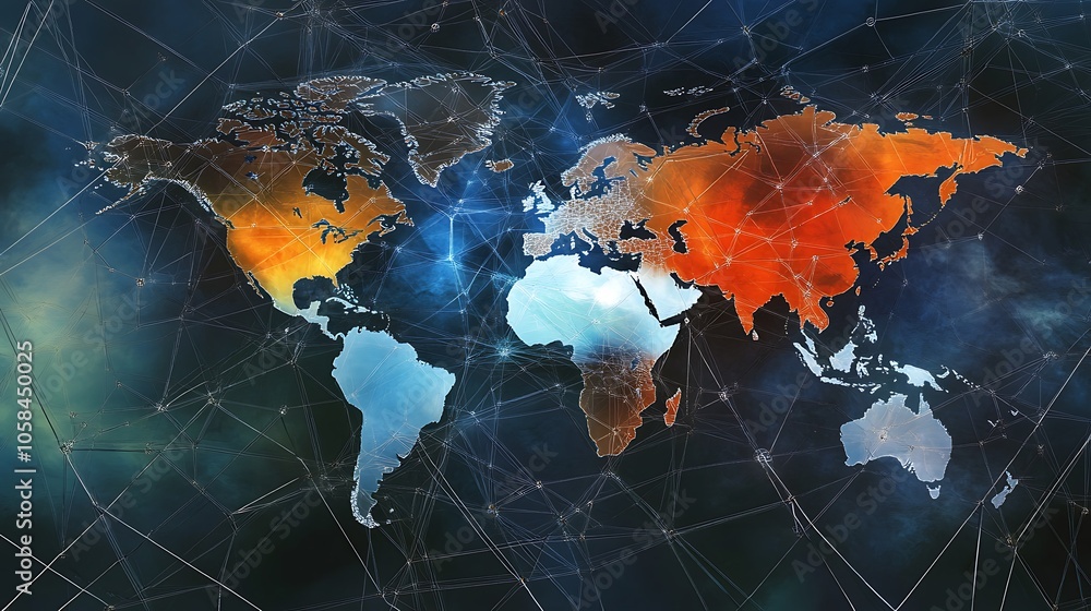 A dynamic and intricate illustration featuring a stylized world map ...