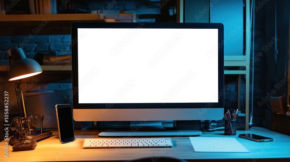 Modern personal computer with blank white screen, keyboard, mobile phone and office accessories ...