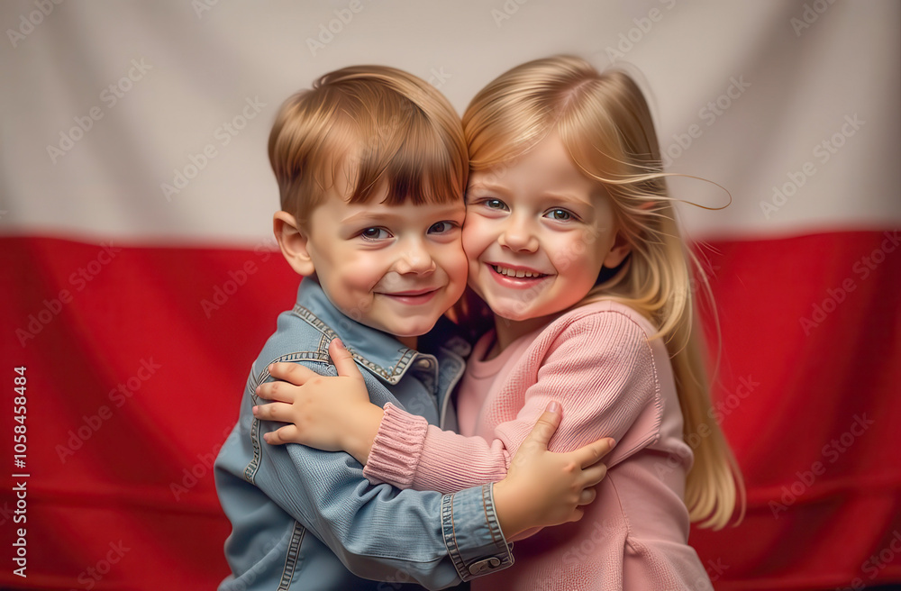 Little boy hugging little girl, big flag of Poland on background ...