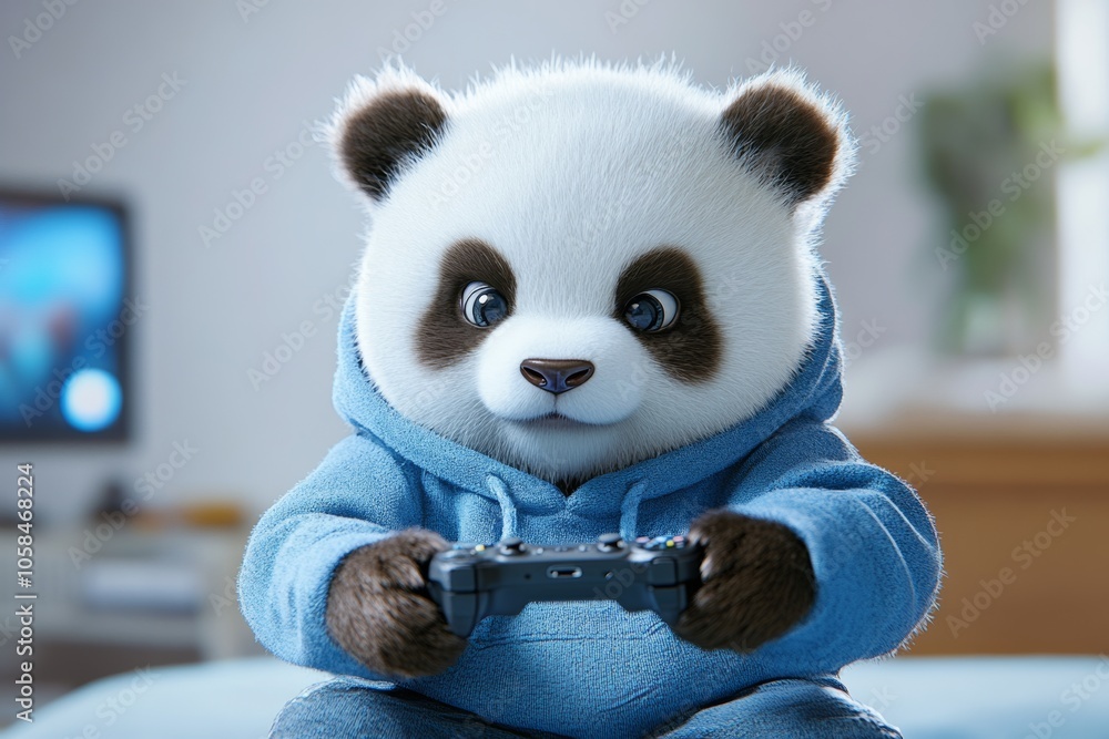 Cartoon panda is playing a video game. The panda is wearing a blue ...
