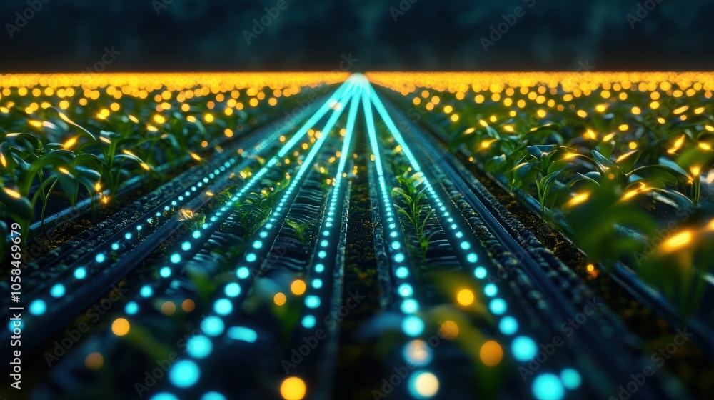 Nighttime view of smart farm with digital grid overlay enhancing crop ...