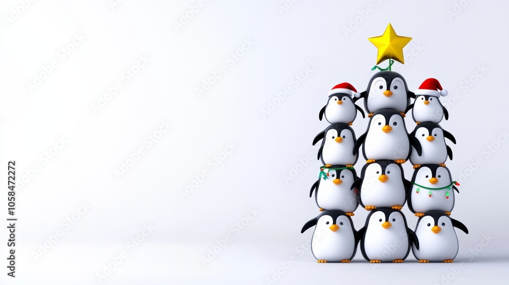 Group of penguins are stacked on top of each other in a Christmas tree ...