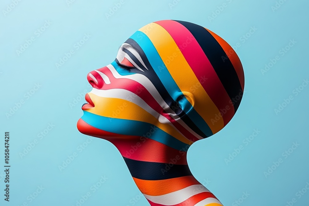 Woman's face is painted with a rainbow of colors. The colors are ...