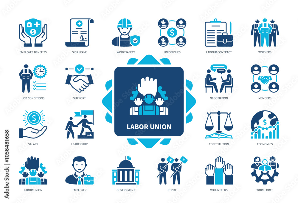 Labor Union icon set. Union Dues, Workforce, Job Conditions, Employee ...