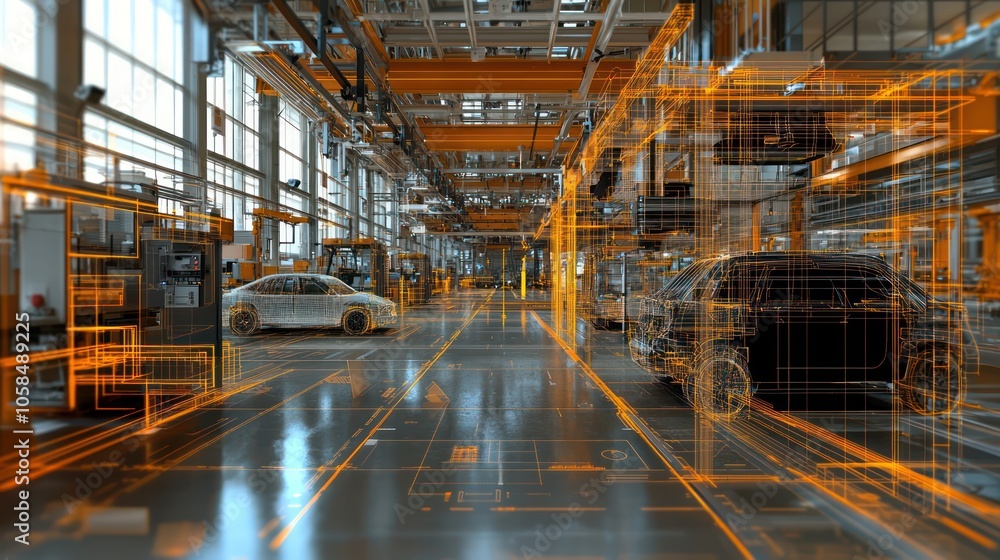 ภาพประกอบสต็อก Explore a high-tech automotive assembly line through ...