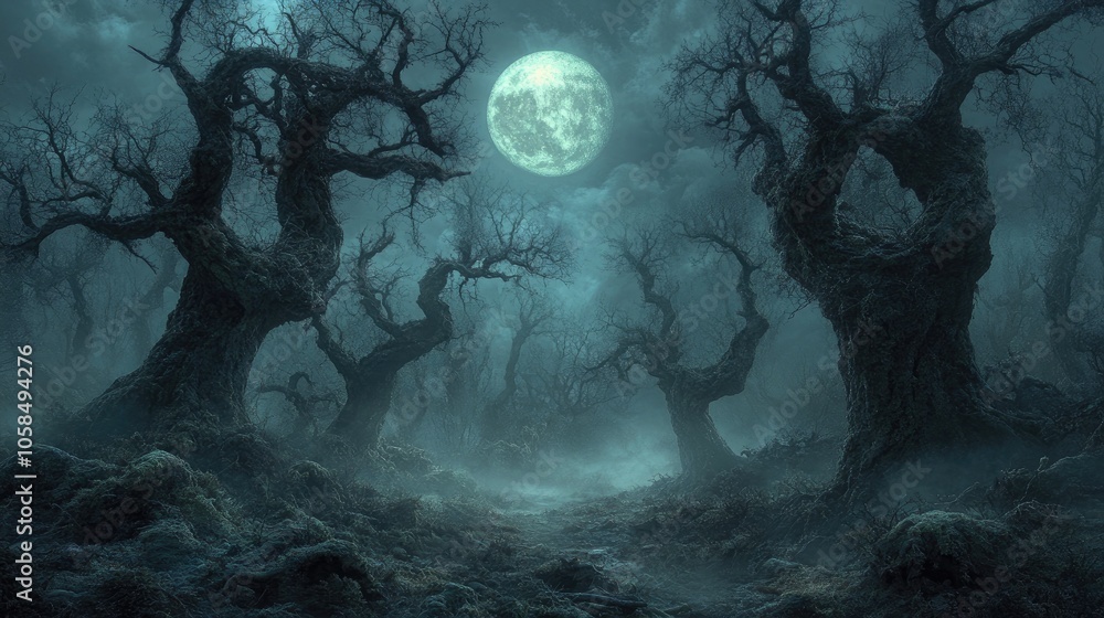 Eerie Full Moon Lighting on a Dark Forest with Dead Trees and Fog ...
