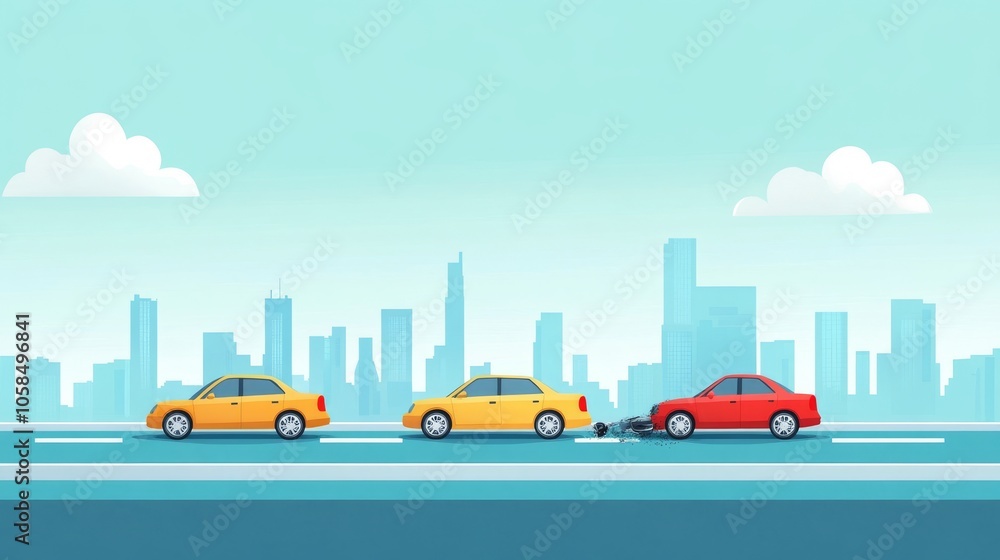 minimalist vector illustration, three cartoon cars on road, yellow blue ...