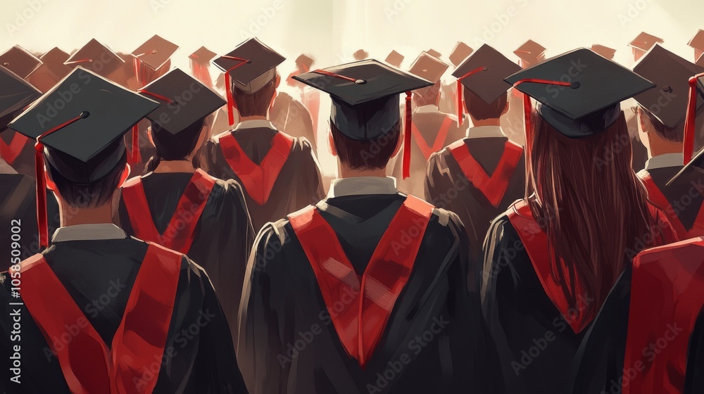 2410 15.A detailed rear view of university graduates standing together ...