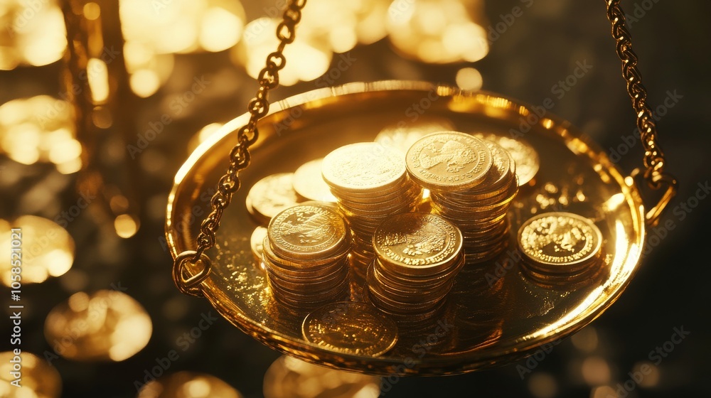 32.A close-up of a golden balance scale with shimmering light ...