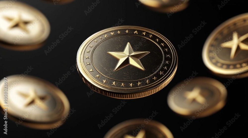 13.A collection of 3D gold coins with star symbols, arranged in mid-air ...