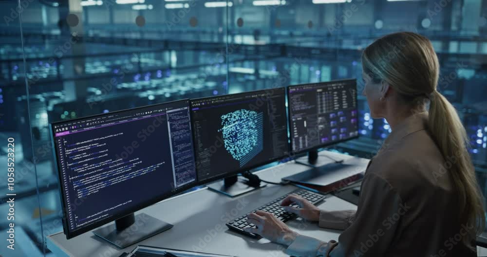 Female Developer Typing Software Code, Managing Several Open Screens ...