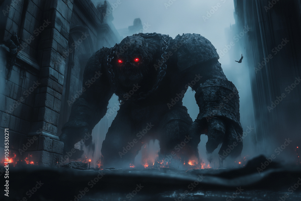 Giant stone golem destroyer in the courtyard of a medieval castle at ...