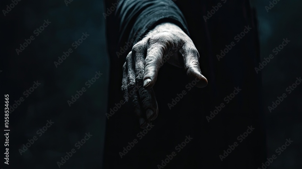 Dark scene of grim reaper extending hand toward camera, ominous and ...