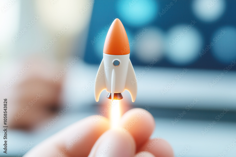 person launching a rocket from hand representing a new startup business ...