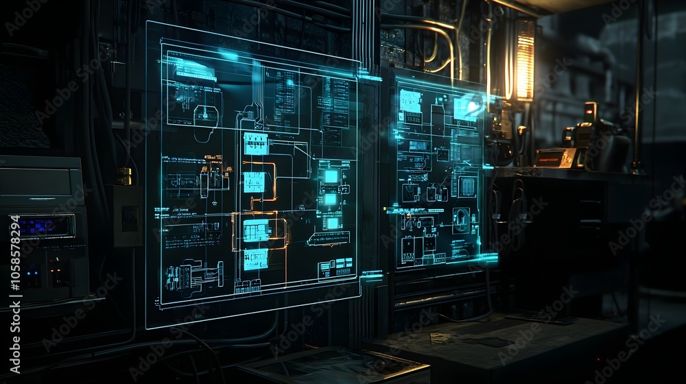 Futuristic home electrical panel featuring a holographic user interface ...