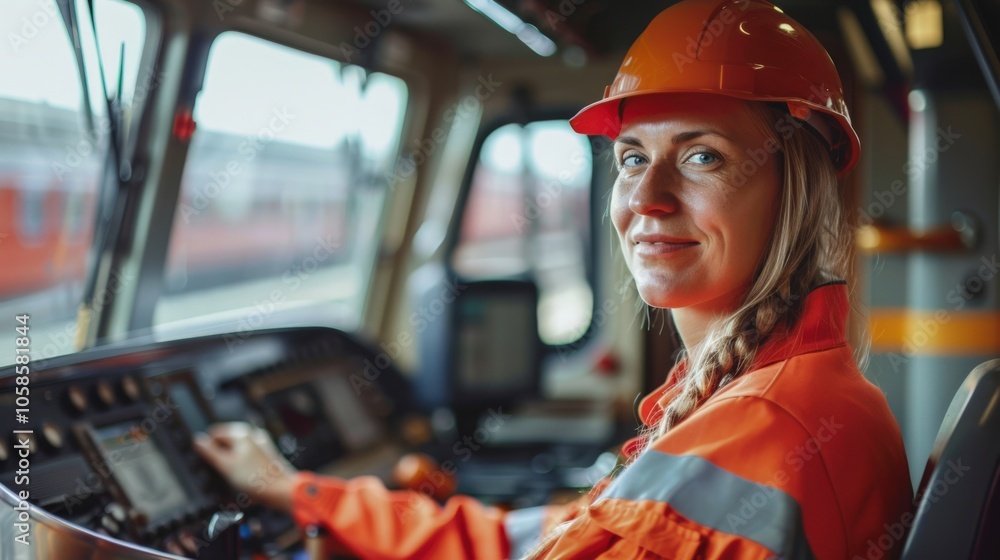 Female train driver in control room, wearing safety gear and smiling ...