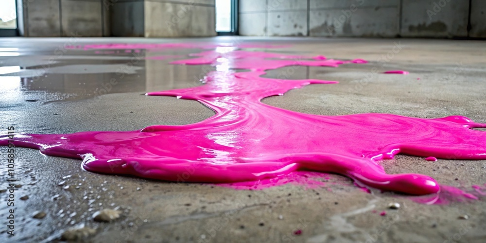 Pink slime substance spreading on a wet concrete floor, industrial ...