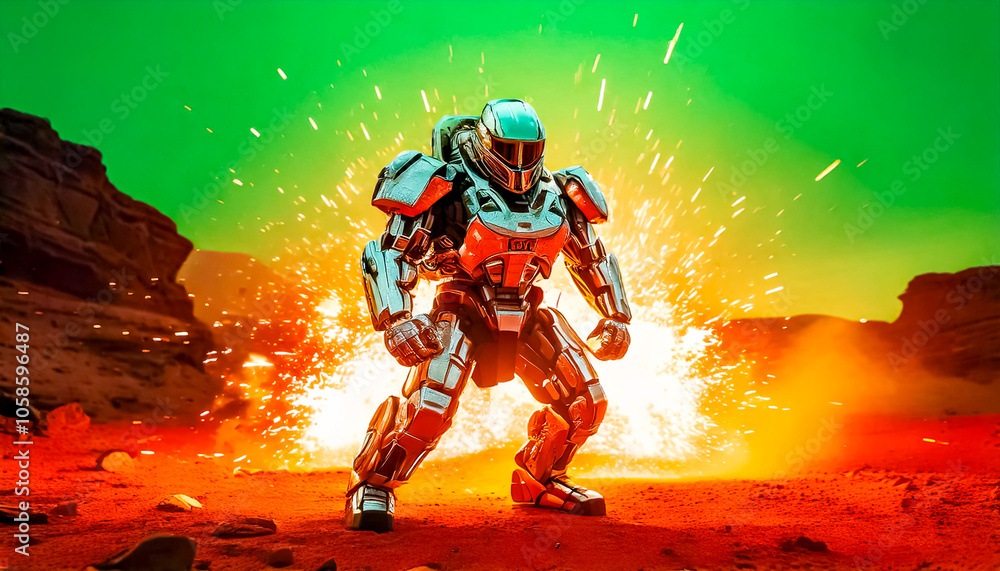 Astronaut in armored, robotic spacesuit in action on planet surface ...