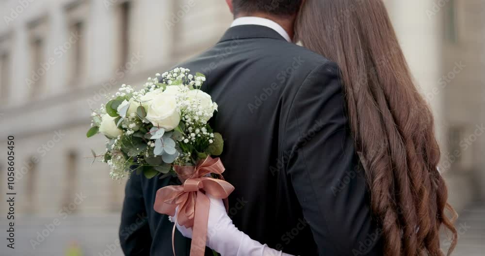 Back, hug and couple with flower bouquet for wedding, commitment ...