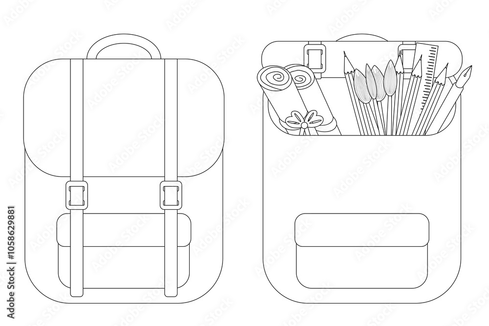 Detailed back-to-school coloring page featuring open and closed ...