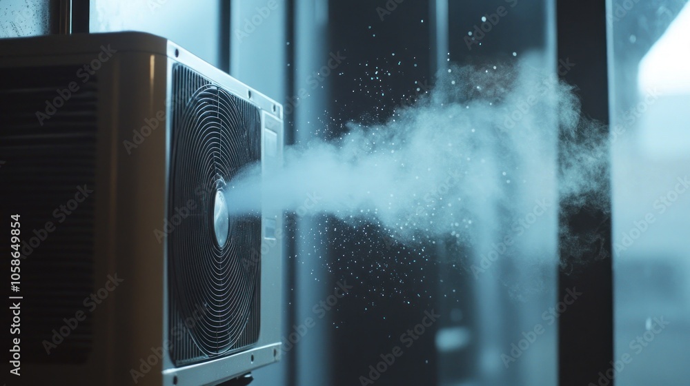 A close-up of an air conditioner unit emitting a plume of steam. Stock ...